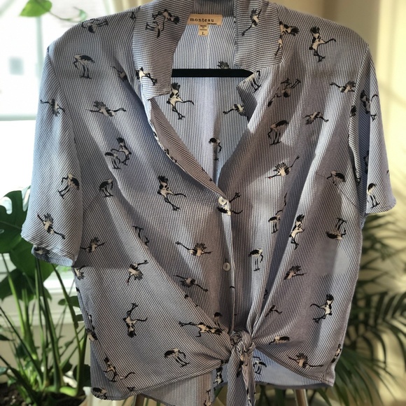 Monteau | Tops | Knotted Crop Blouse With Stripes Birds | Poshmark